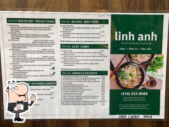Menu au Linh Anh Vietnamese Cuisine restaurant, Toronto, Midland Ave Unit 1