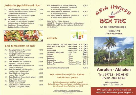 Speisekarte von Ben tre Asiatische Spezialitäten restaurant, Radolfzell ...