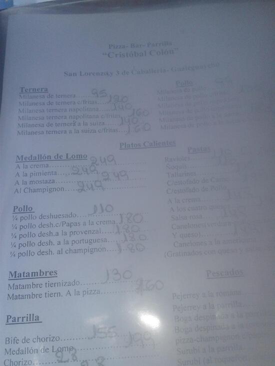 Menu at Parrilla Cristobal Colon Gualeguaychu, Gualeguaychú