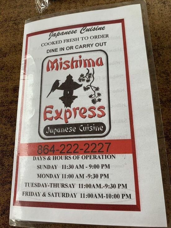 Menu at Mishima Express Japanese Cuisine restaurant, Anderson