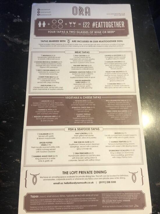 Menu at Ora restaurant, Tynemouth