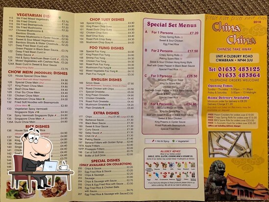 Menu at China China restaurant, Cwmbran