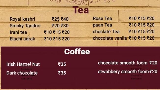 Menu at The Tea Bar (Chai Sutta aur Yarri), Asansol