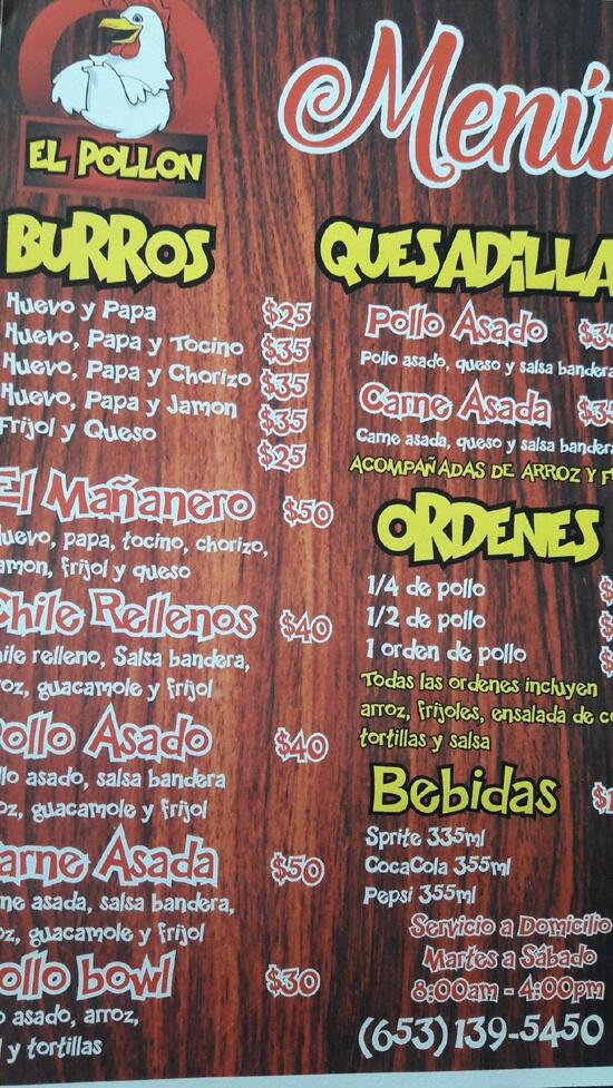 Menu at Pollos Asados El Pollón restaurant, San Luis Río Colorado