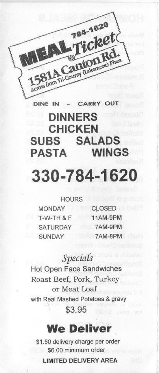 Menu at Meal Ticket restaurant, Akron