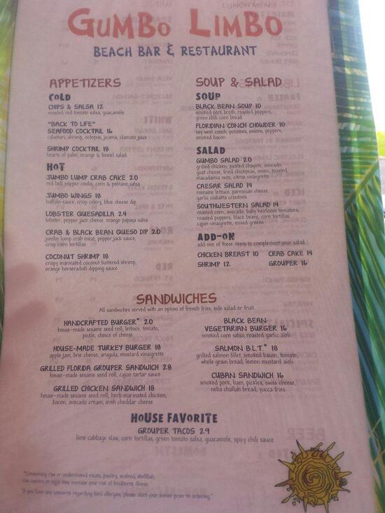 Menu at Gumbo Limbo pub & bar, Naples, 280 Vanderbilt Beach Rd