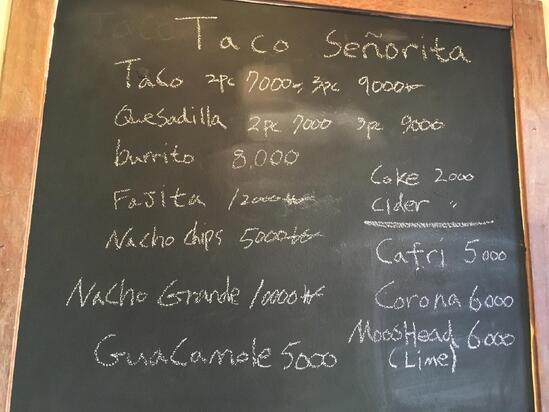 Menu at Taco 'senorita' restaurant, Seoul