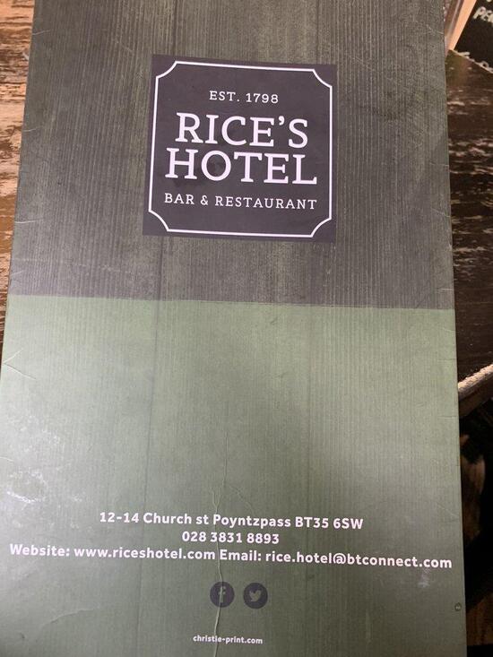 Menu at Rice's Hotel restaurant, Poyntzpass
