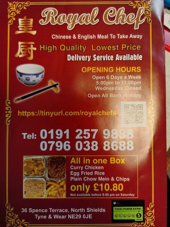 Menu at Royal Chef Chinese Takeaway fast food, North Shields