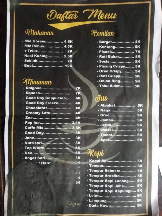 Menu at tempat ngopi di jepara TND CAFE desa Raguklampitan, Pecangaan