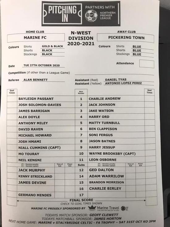 Menu at Marine Football Club, Liverpool