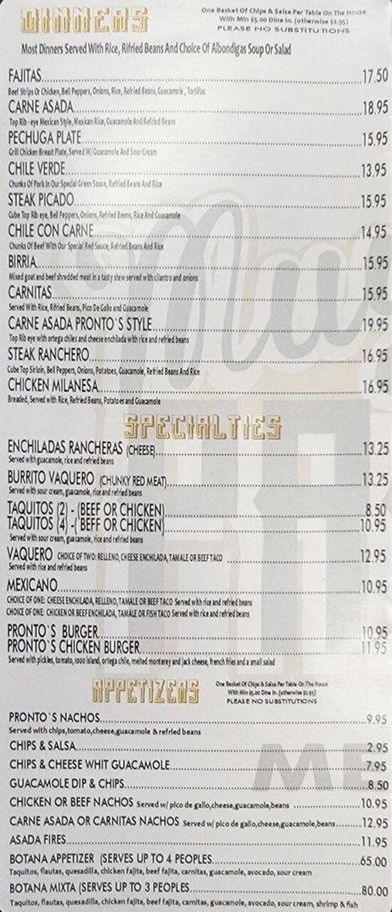 Menu at Muy Pronto's Mexican grill restaurant, Torrance