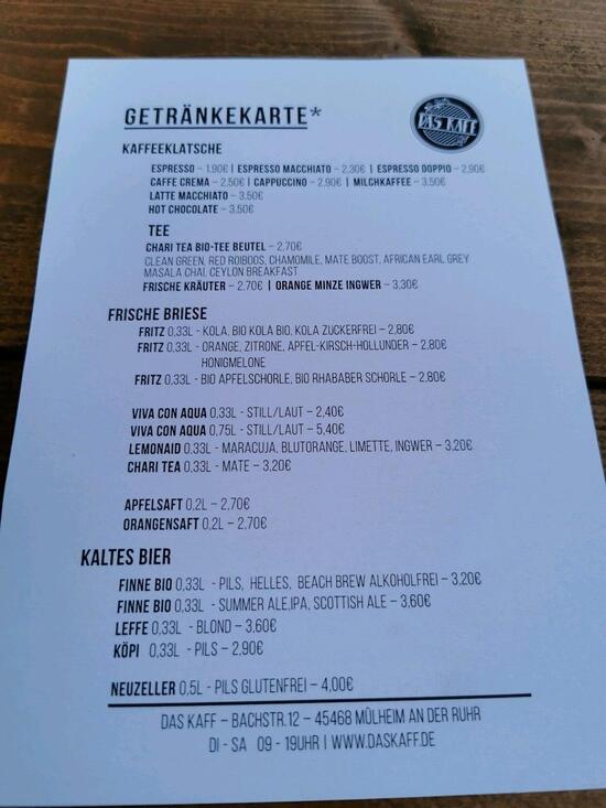 Speisekarte von DAS KAFF – bagel Bar & coffee salon, Mülheim an der Ruhr