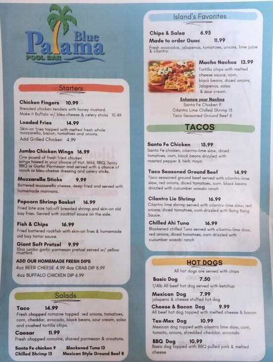 Menu at Blue Palama Pool Bar, Ocean City