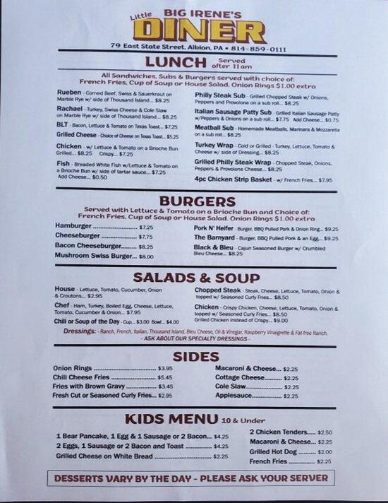 Menu at Big Irene's Little Diner cafe, Albion