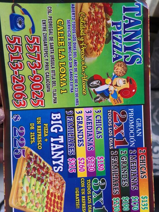 Menu at Tanis Pizza restaurant, San Miguel Ajusco, La Loma
