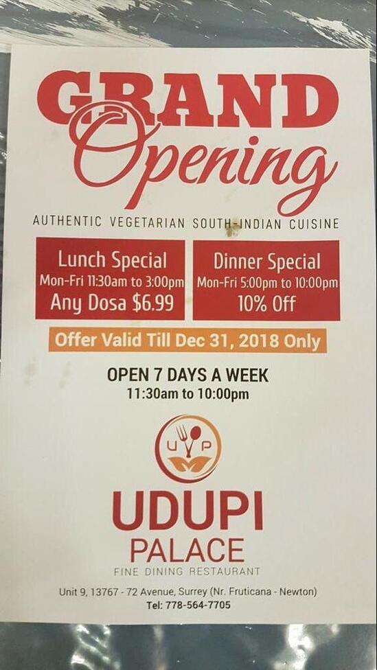 Menu at Udupi Palace Restaurant, Surrey