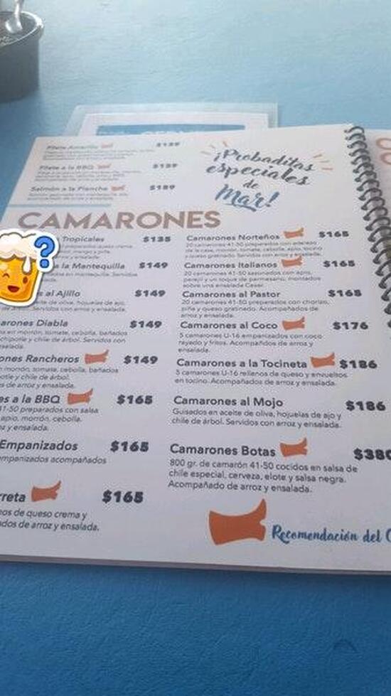 Menu at El Camarón con Botas restaurant, Torreón