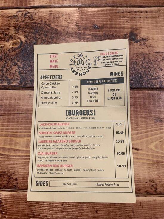 Menu at The Lakehouse restaurant, Fort Worth