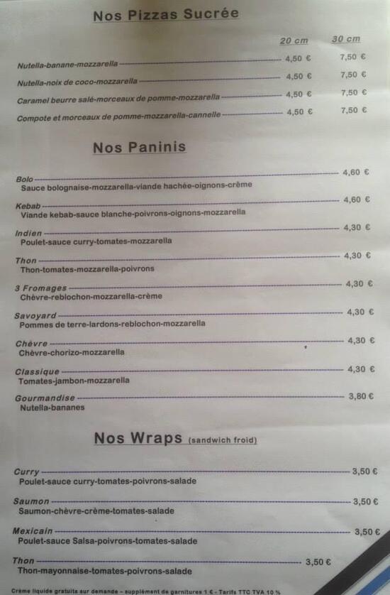Menu au Kalipi'zz pizzeria, Pont-Croix