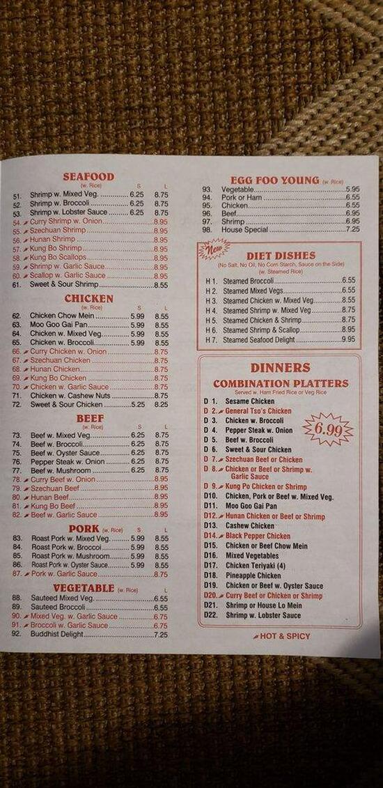 Menu at Tai Chang Chinese Restaurant, Andrews