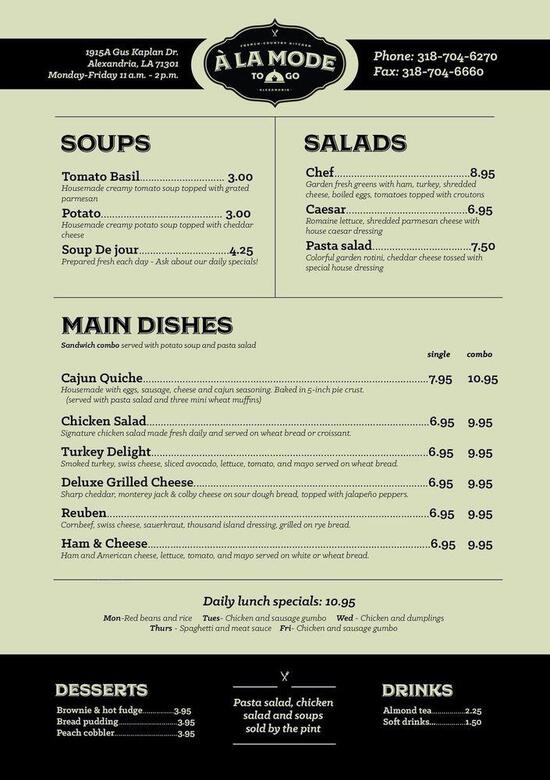 Menu at Ala Mode To Go restaurant, Alexandria