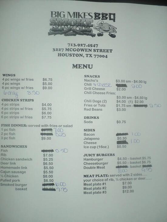 Menu at Big Mike's B.B.Q Smoke House restaurant, Houston