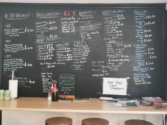 Menu at Mrs P's Pitstop cafe, Ollerton and Boughton