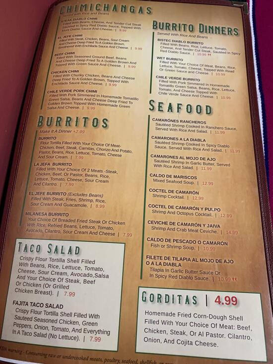 Menu at El Jefe Restaurante Mexicano, Morris