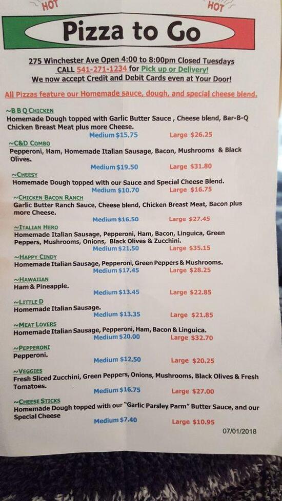 Menu at PIZZA TO GO pizzeria, Reedsport