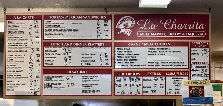 Menu at La Charrita restaurant, Fairfield
