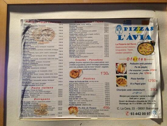 Menu at L'Àvia pizzeria, Barcelona