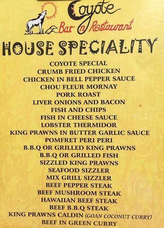 Menu at Coyote Bar & Restaurant, Candolim