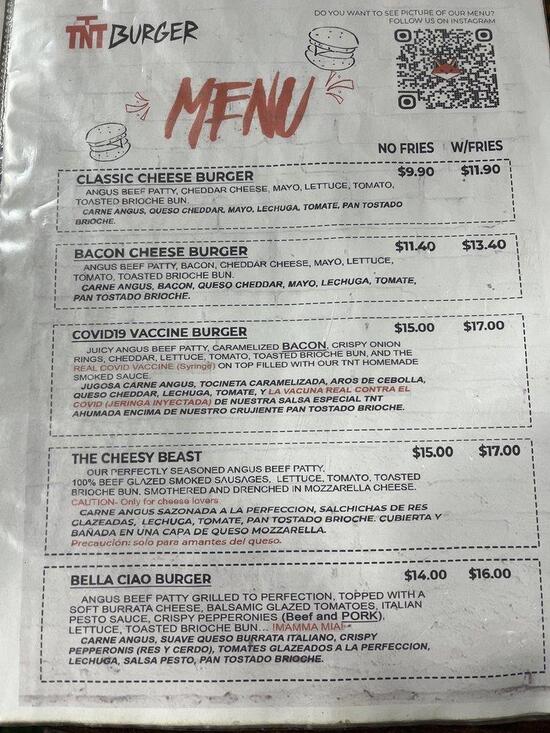 Menu at TNT BURGER restaurant, Tampa