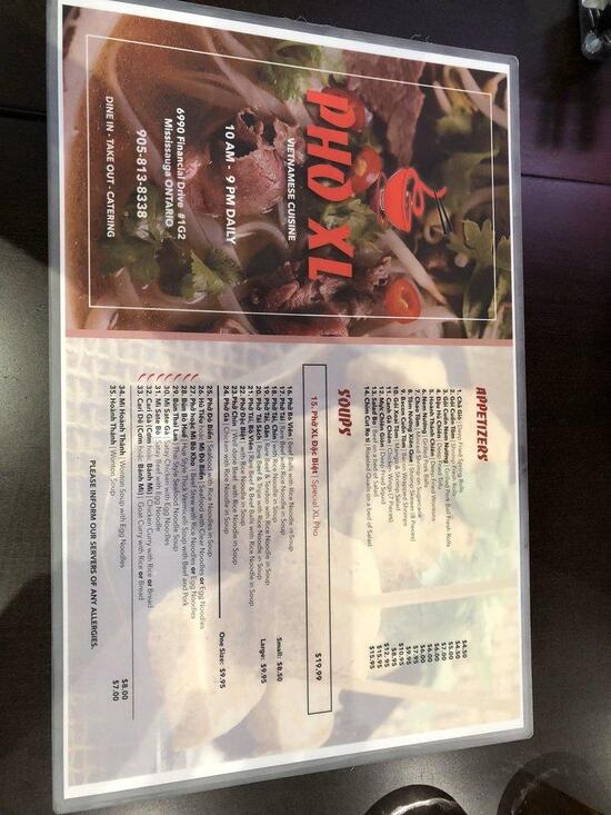 Menu at PHO XL restaurant, Mississauga