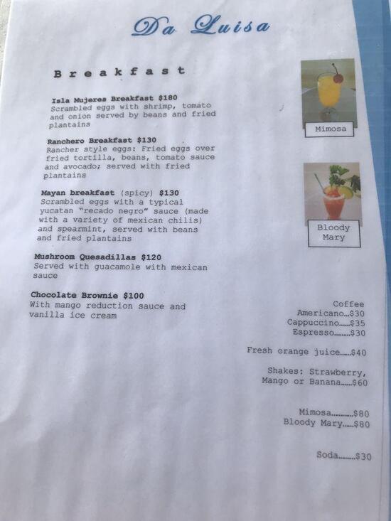 Menu at Da Luisa restaurant, Isla Mujeres, Av Juárez 20