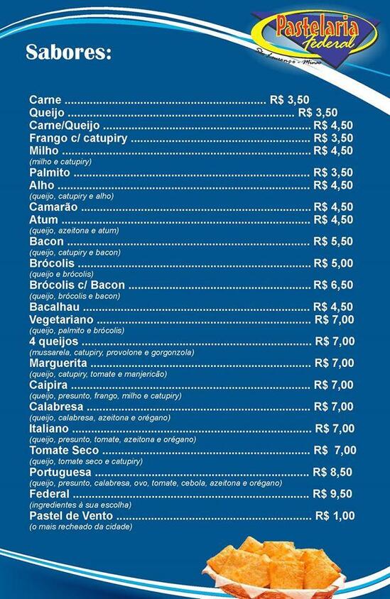 Menu at Pastelaria Federal, São Lourenço