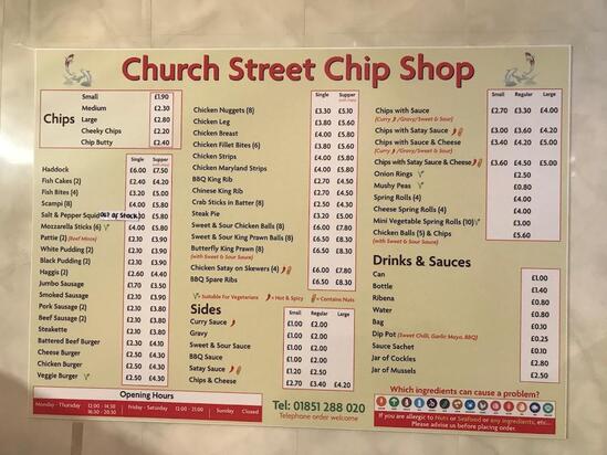 Menu at Church Street Chip Shop fast food, Stornoway