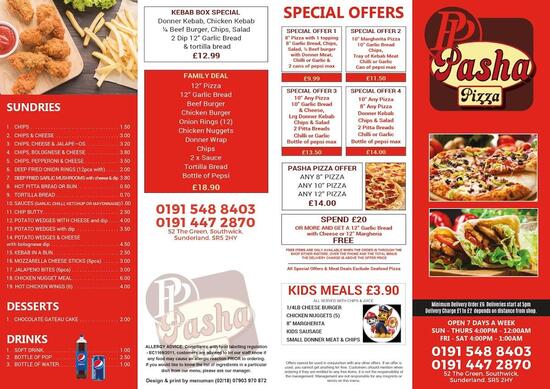 Menu at Pasha Pizza Sunderland pizzeria, Sunderland, 52 Sunderland Rd