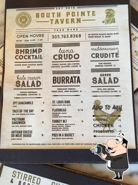 Carta del pub y bar South Pointe Tavern, Miami Beach