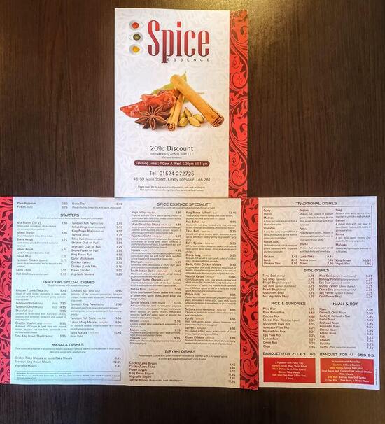 Menu at Spice Essence Indian Bangla Restaurant, Kirkby Lonsdale