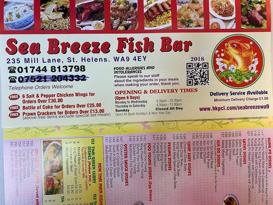 Menu at Sea Breeze Fish Bar, St Helens