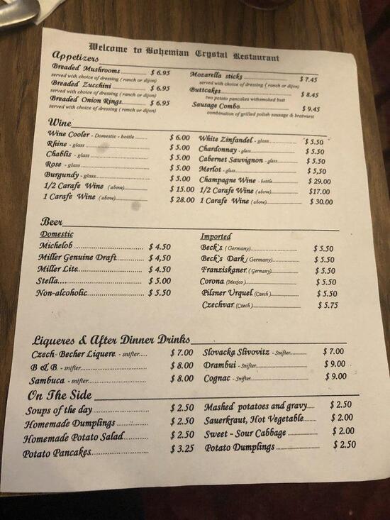 Menu at Bohemian Crystal (closed) restaurant, Westmont