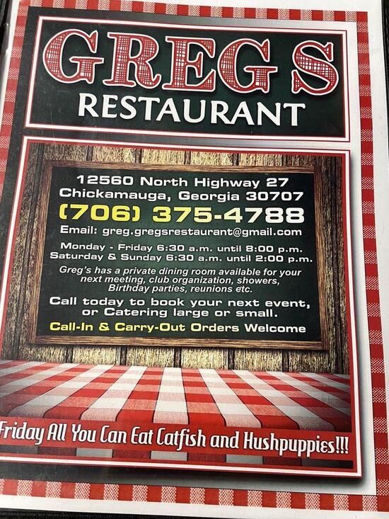 Menu at Greg's Restaurant, Chickamauga