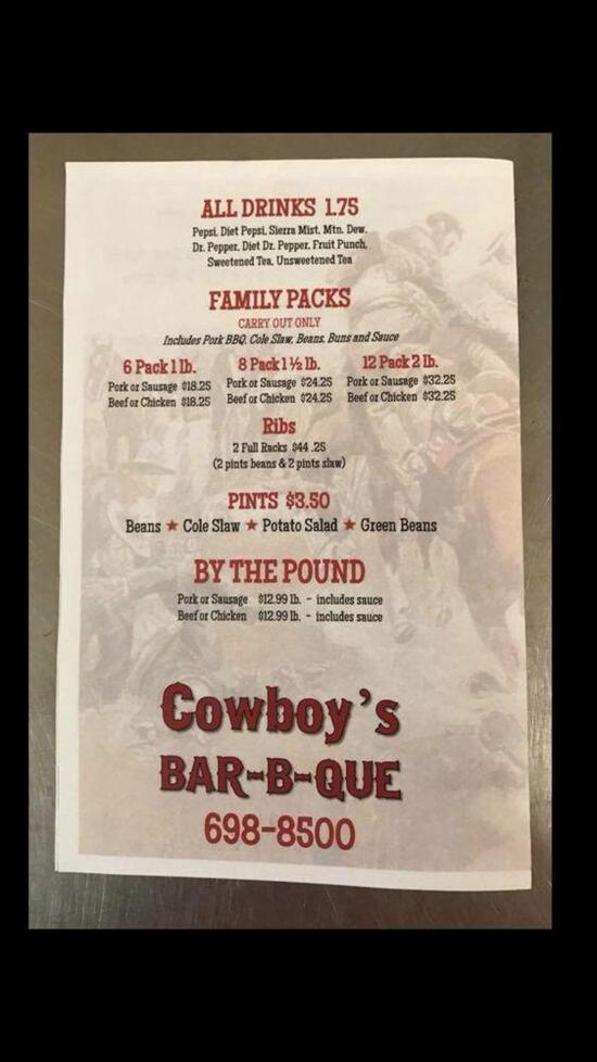 Menu at Cowboy's Barbecue, Batesville