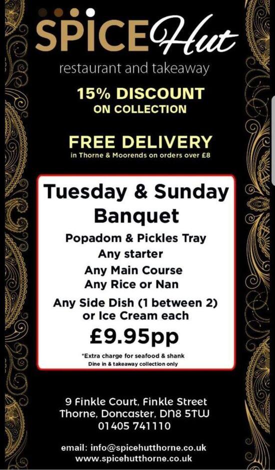 Menu at Spice Hut Thorne restaurant, Moorends