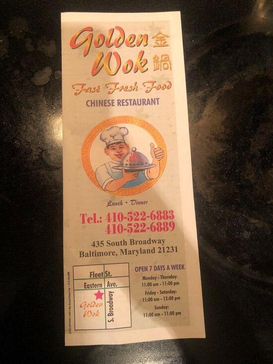 Menu at Golden Wok restaurant, Baltimore
