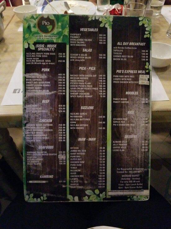 Menu at Pio Garden Restaurant, Las Pinas