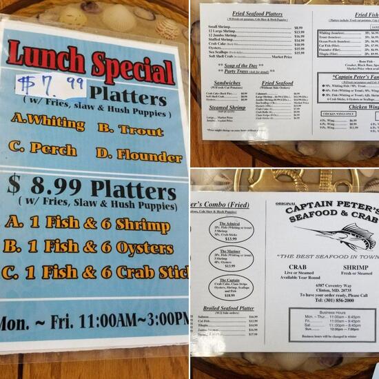 Menu at Captain Peter's Seafood restaurant, Clinton