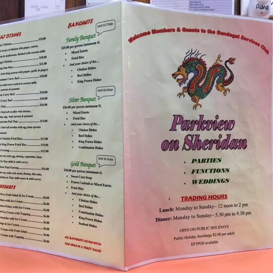 Menu at Parkview restaurant, Gundagai